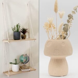 hanging shelves for wall [set of 2 w/ hooks] wooden shelf macrame rope, natural reclaimed wood, mushroom decor vase textured sand handmade ceramic plant pot indoor plants modern boho cottagecore