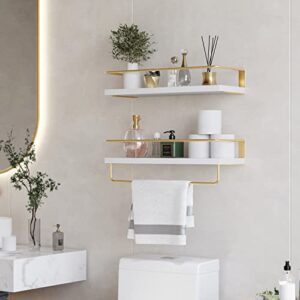 OnlySky White Floating Shelves with Golden Towel Rack - Set of 2 Wall Mounted Hanging Bathroom Shelves, Decorative Shelves for Stylish Storage in Bathroom, Kitchen, Living Room & Bedroom