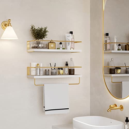 OnlySky White Floating Shelves with Golden Towel Rack - Set of 2 Wall Mounted Hanging Bathroom Shelves, Decorative Shelves for Stylish Storage in Bathroom, Kitchen, Living Room & Bedroom