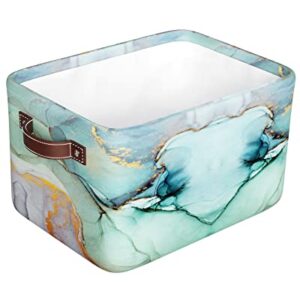 Qumstemily Marble Storage Bins for Shelves, Jade Texture Green Teal Collapsible Storage Boxes Basket for Bedroom/Kitchen, Closet Organizers with Handle, Marble Ink Paint Storage Cubes - 1 Pack