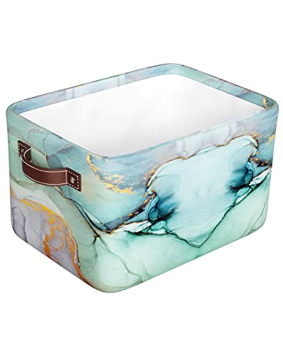 Qumstemily Marble Storage Bins for Shelves, Jade Texture Green Teal Collapsible Storage Boxes Basket for Bedroom/Kitchen, Closet Organizers with Handle, Marble Ink Paint Storage Cubes - 1 Pack