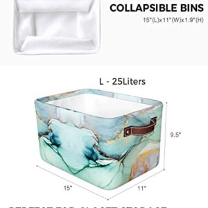 Qumstemily Marble Storage Bins for Shelves, Jade Texture Green Teal Collapsible Storage Boxes Basket for Bedroom/Kitchen, Closet Organizers with Handle, Marble Ink Paint Storage Cubes - 1 Pack