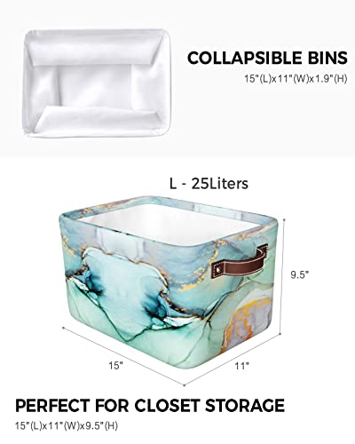 Qumstemily Marble Storage Bins for Shelves, Jade Texture Green Teal Collapsible Storage Boxes Basket for Bedroom/Kitchen, Closet Organizers with Handle, Marble Ink Paint Storage Cubes - 1 Pack