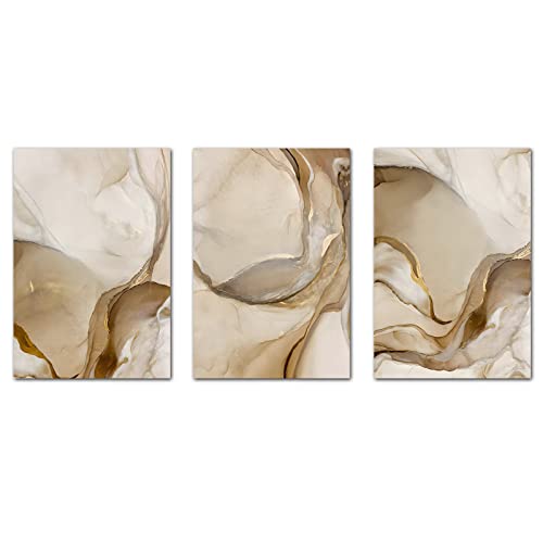 Abstract Marble Canvas Wall Art Modern Abstract Marble Art Prints Brown and Gold Marble Wall Art Marble Pictures Wall Decor Beige Marble Poster Canvas Painting for Bathroom Decor 16x24inchX3 Frameless