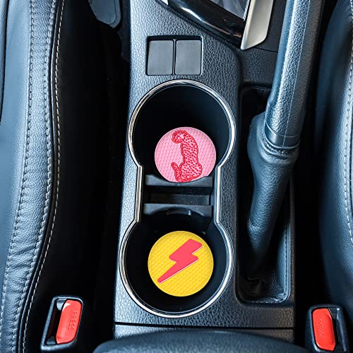 AellasNervalt 4Pcs Preppy Car Cup Coaster Smile Face Lightning Bolt Leopard Lip Silicone Drink Coasters Non-Slip Heat Resistant Cups Mat Cup Holders Auto Accessories for Teen Girls Pink Yellow 2.8 in