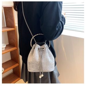 Rhinestone Bucket Evening Handbag for Women - Fashion Crystal Clutch Purse Bling Bling Crossbody Satchel Shoulder Bag for Party(Sliver)