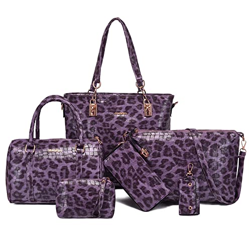 ZiMing 6-Pcs Handbags Set Women Purses Leopard Print & Crocodile Pattern PU Leather Totes Shoulder Bags Satchel Top Handle Handbag Wallet-Purple