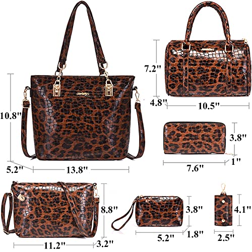 ZiMing 6-Pcs Handbags Set Women Purses Leopard Print & Crocodile Pattern PU Leather Totes Shoulder Bags Satchel Top Handle Handbag Wallet-Purple