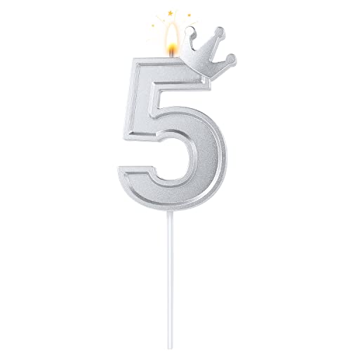 3inch Crown Number Candle, Bright Silver 3D Birthday Number Candle Cake Topper with Crown Cake Numeral Candles Number Candles for Birthday Anniversary Parties (Number 5)