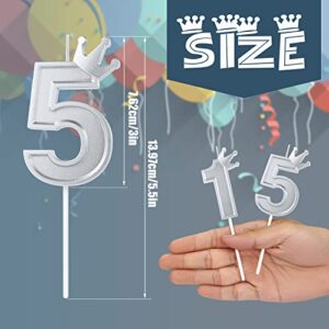 3inch Crown Number Candle, Bright Silver 3D Birthday Number Candle Cake Topper with Crown Cake Numeral Candles Number Candles for Birthday Anniversary Parties (Number 5)