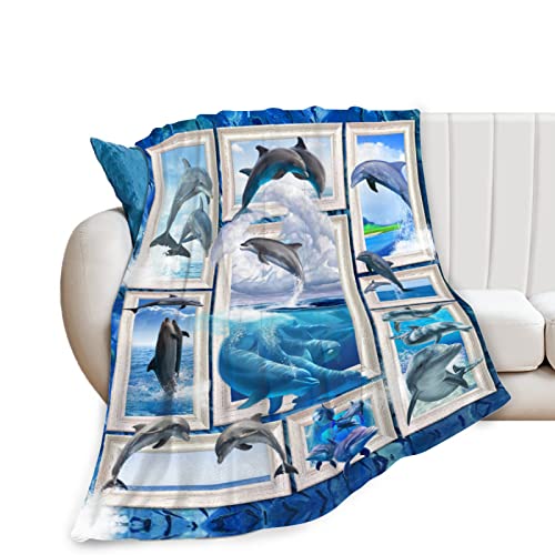 HUGDIY Sea Dolphin Fleece Throw Blanket 54"x70", Soft Cozy Blanket, Lightweight Fuzzy Fluffy Plush Blanket for Bed Sofa Travel