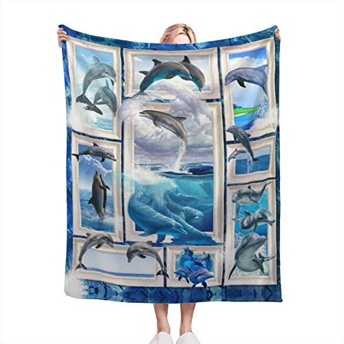 HUGDIY Sea Dolphin Fleece Throw Blanket 54"x70", Soft Cozy Blanket, Lightweight Fuzzy Fluffy Plush Blanket for Bed Sofa Travel