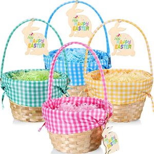 4 pcs easter basket picnic basket woven basket with handle wooden cute baskets for wood basket picnic hamper easter eggs and candy basket with 4 bags lafite grass 4 pcs rabbit wood chips (plaid)