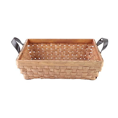 Rectangular Wooden Basket, Natural Hand Woven Storage Basket with Leather Handles for Sundries Toys Fruits