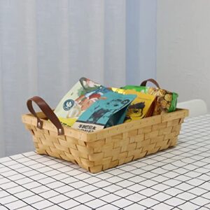 Rectangular Wooden Basket, Natural Hand Woven Storage Basket with Leather Handles for Sundries Toys Fruits