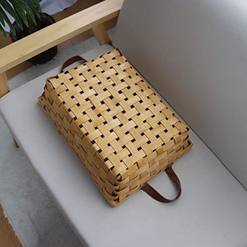 Rectangular Wooden Basket, Natural Hand Woven Storage Basket with Leather Handles for Sundries Toys Fruits