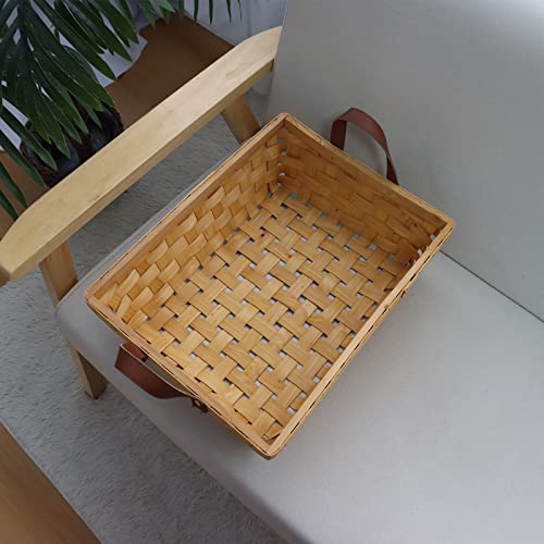 Rectangular Wooden Basket, Natural Hand Woven Storage Basket with Leather Handles for Sundries Toys Fruits