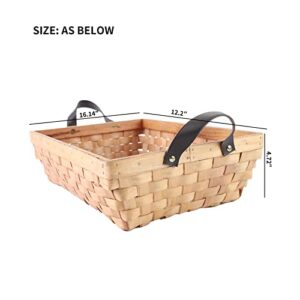 Rectangular Wooden Basket, Natural Hand Woven Storage Basket with Leather Handles for Sundries Toys Fruits