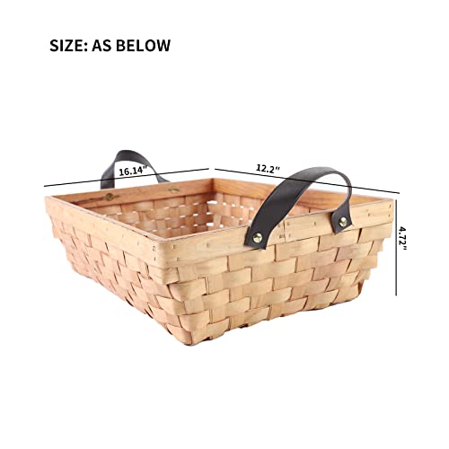 Rectangular Wooden Basket, Natural Hand Woven Storage Basket with Leather Handles for Sundries Toys Fruits