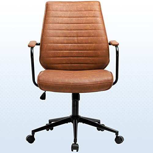 DICTAC Leather Office Chair Brown Modern Desk Chair mid Century Home Office Chair with Armrest, Capacity 400lbs