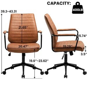 DICTAC Leather Office Chair Brown Modern Desk Chair mid Century Home Office Chair with Armrest, Capacity 400lbs