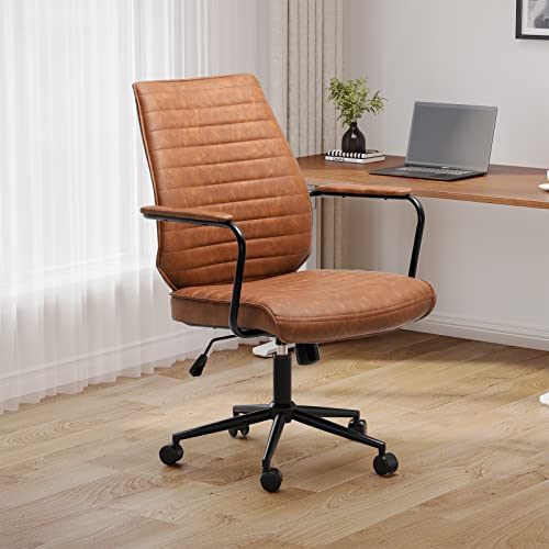 DICTAC Leather Office Chair Brown Modern Desk Chair mid Century Home Office Chair with Armrest, Capacity 400lbs