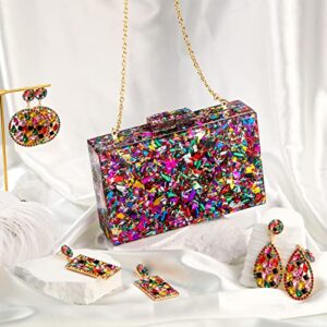 4 Pieces Acrylic Purses and Handbags with Acrylic Geometry Dangle Earring for Women Multicolor Perspex Geometric Patterns Box Clutch Banquet Evening Crossbody Handbag