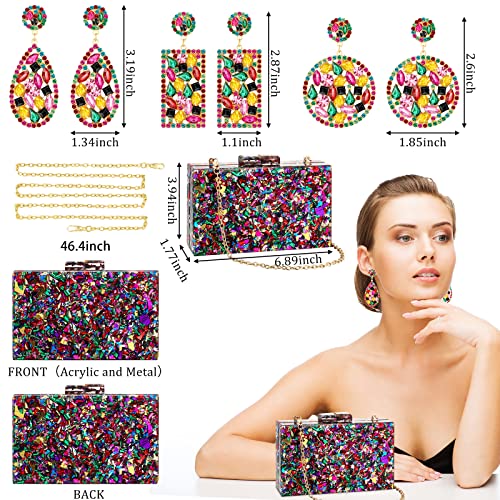 4 Pieces Acrylic Purses and Handbags with Acrylic Geometry Dangle Earring for Women Multicolor Perspex Geometric Patterns Box Clutch Banquet Evening Crossbody Handbag