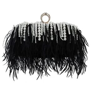 ynport women ostrich feather evening handbag black fluffy clutch purse fuzzy handbag shoulder bag with pearl chain