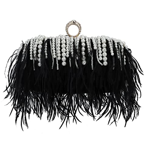 Ynport Women Ostrich Feather Evening Handbag Black Fluffy Clutch Purse Fuzzy Handbag Shoulder Bag with Pearl Chain