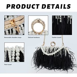 Ynport Women Ostrich Feather Evening Handbag Black Fluffy Clutch Purse Fuzzy Handbag Shoulder Bag with Pearl Chain