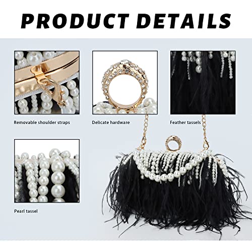 Ynport Women Ostrich Feather Evening Handbag Black Fluffy Clutch Purse Fuzzy Handbag Shoulder Bag with Pearl Chain