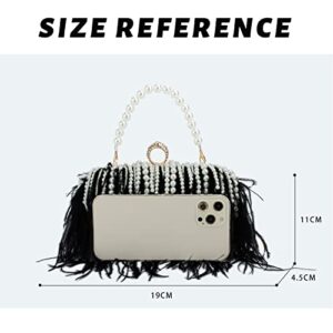 Ynport Women Ostrich Feather Evening Handbag Black Fluffy Clutch Purse Fuzzy Handbag Shoulder Bag with Pearl Chain