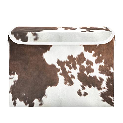 Decorative Storage Bins for Closet, Western Cow Skin Texture Collapsible Storage Baskets with Lids and Handles for Shelves Closet Home Decor