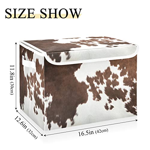 Decorative Storage Bins for Closet, Western Cow Skin Texture Collapsible Storage Baskets with Lids and Handles for Shelves Closet Home Decor