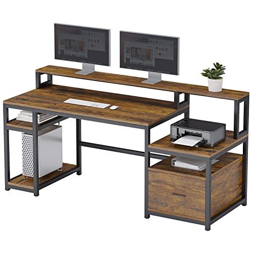 U Shaped Computer Desk,L Shaped Gaming Desks with Monitor Stand and Storage Shelf,Reversible Office Desk with LED Strip and Power Outlet,83 Inch 2 Person U- Shape Corner Table