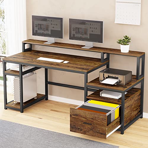 U Shaped Computer Desk,L Shaped Gaming Desks with Monitor Stand and Storage Shelf,Reversible Office Desk with LED Strip and Power Outlet,83 Inch 2 Person U- Shape Corner Table