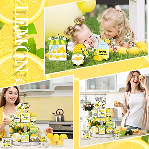 15 Pieces Summer Tiered Tray Decor Set Farmhouse Summer Wood Sign Rustic Beach Tiered Tray Decorations for Home Kitchen Table Shelf (Lemon)