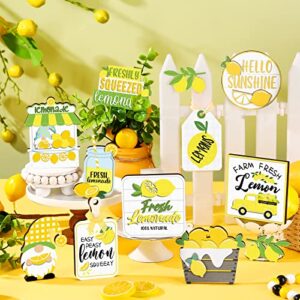 15 Pieces Summer Tiered Tray Decor Set Farmhouse Summer Wood Sign Rustic Beach Tiered Tray Decorations for Home Kitchen Table Shelf (Lemon)