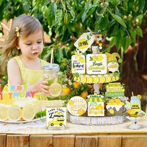 15 Pieces Summer Tiered Tray Decor Set Farmhouse Summer Wood Sign Rustic Beach Tiered Tray Decorations for Home Kitchen Table Shelf (Lemon)