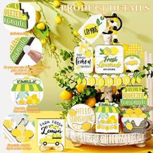 15 Pieces Summer Tiered Tray Decor Set Farmhouse Summer Wood Sign Rustic Beach Tiered Tray Decorations for Home Kitchen Table Shelf (Lemon)