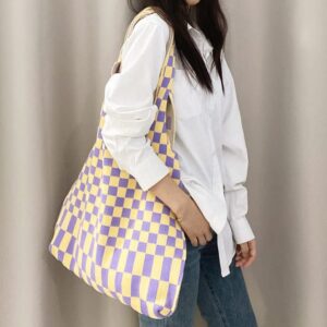 Knit Shoulder Bag for Women Extra Large Plaid Hobo Bag Chic Checkboard Satchel Tote Bag for Work School 2022, Black/Navy