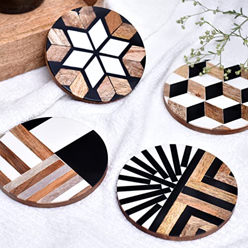 IndianShelf Wood Coaster| Black and Brown Coasters for Drinks| Coasters for Coffee Table| Wooden Coasters for Drinks| Boho coasters | Bar Gift| Gifts for Bar| Wooden Coasters| Home Bar Set [Pack of 4]