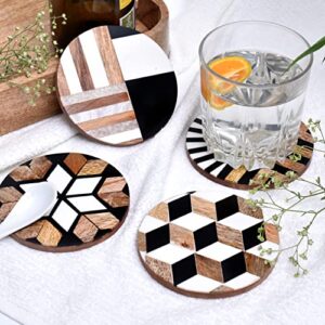 IndianShelf Wood Coaster| Black and Brown Coasters for Drinks| Coasters for Coffee Table| Wooden Coasters for Drinks| Boho coasters | Bar Gift| Gifts for Bar| Wooden Coasters| Home Bar Set [Pack of 4]