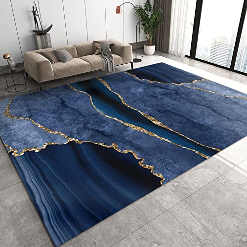 Deep Blue Gold Marble Area Rug, Abstract Gold Line Blue Art Soft Washable Carpet, Upholstery Rug with Non-Slip Backing for Kids Boys Girls Bedroom Living Room Dining Room Study 3ftx5ft