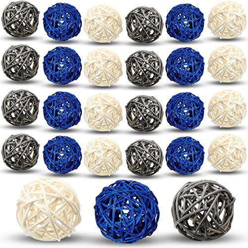 24 Pcs Rattan Balls 1.8 Inches Wicker Balls Orb Decorative Balls for Centerpiece Bowls Vase Fillers for Home Decor Glass Table Room Kitchen Aromatherapy Wedding Decorations, Dark Blue, Gray, White