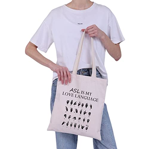 VAMSII ASL Tote Bag Sign Language Teacher Gift ASL Interpreter Deaf Gifts Casual Tote Shopping Handbag Bag ASL Gifts (ASL Tote Bag)