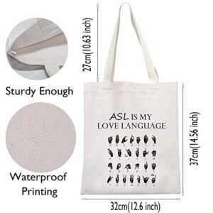 VAMSII ASL Tote Bag Sign Language Teacher Gift ASL Interpreter Deaf Gifts Casual Tote Shopping Handbag Bag ASL Gifts (ASL Tote Bag)