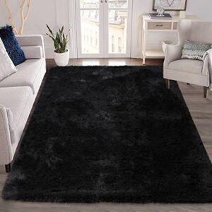 glowsol shag area rug for living room soft fuzzy area rug thick faux fur rug luxury fluffy area rug high pile carpet baby care crawling carpet, black, 5×8 feet