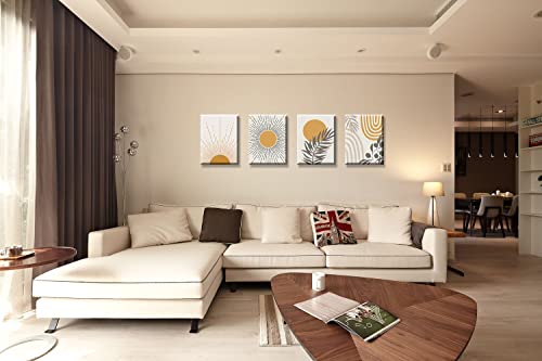 Abstract Bohemian Wall Art Sun Prints - Boho Line Poster Pictures Mid Century Canvas Artwork Framed 12x16 Inches Plant Leaf Minimalist Painting Home Decoration for Bedroom Bathroom Living Room Decor